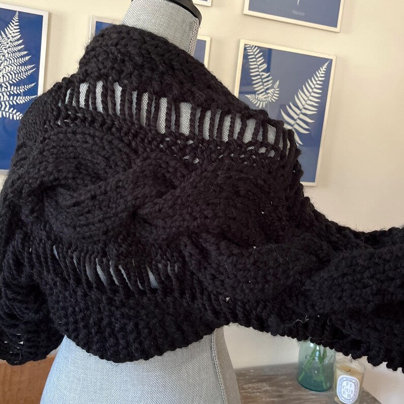Black Hand Knit Cable Shrug Boho Chic Drop Stitch Oversized Chunky ...