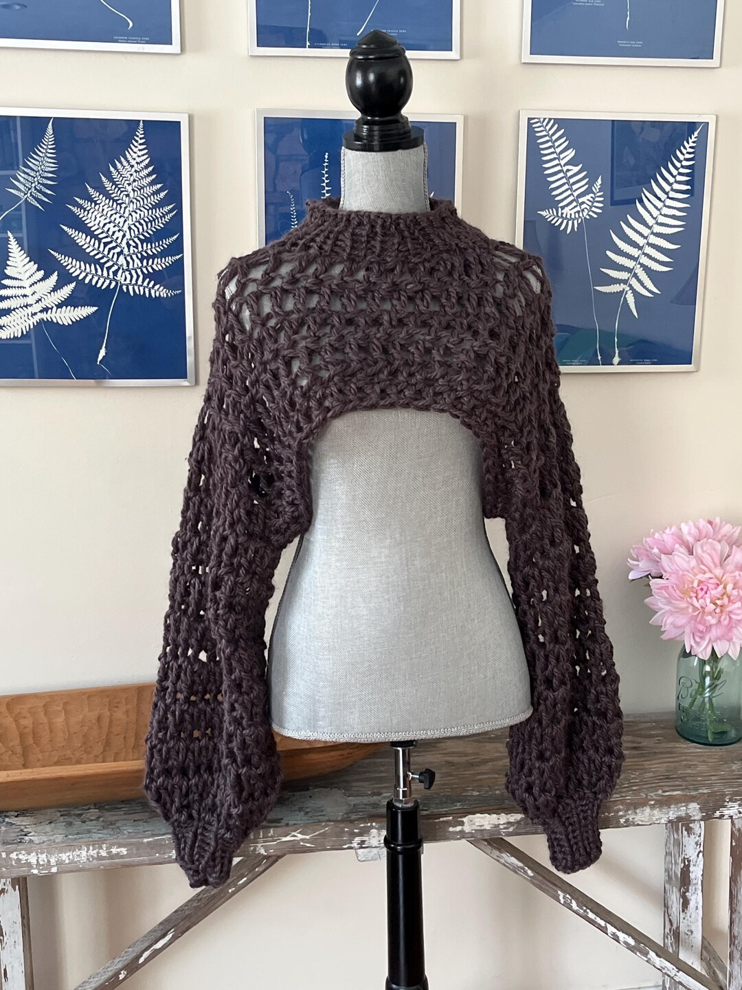 Brown Chunky Crochet Shrug Sleeves Thick Boho Oversized Cropped ...