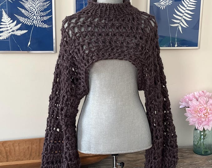 Brown Chunky Crochet Shrug Sleeves Thick Boho Oversized Cropped ...