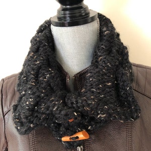 Black Tweed Knitted Chunky Cabled Cowl, Bulky Cable Neck Warmer With 3 ...