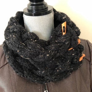 Black Tweed Knitted Chunky Cabled Cowl, Bulky Cable Neck Warmer With 3 ...