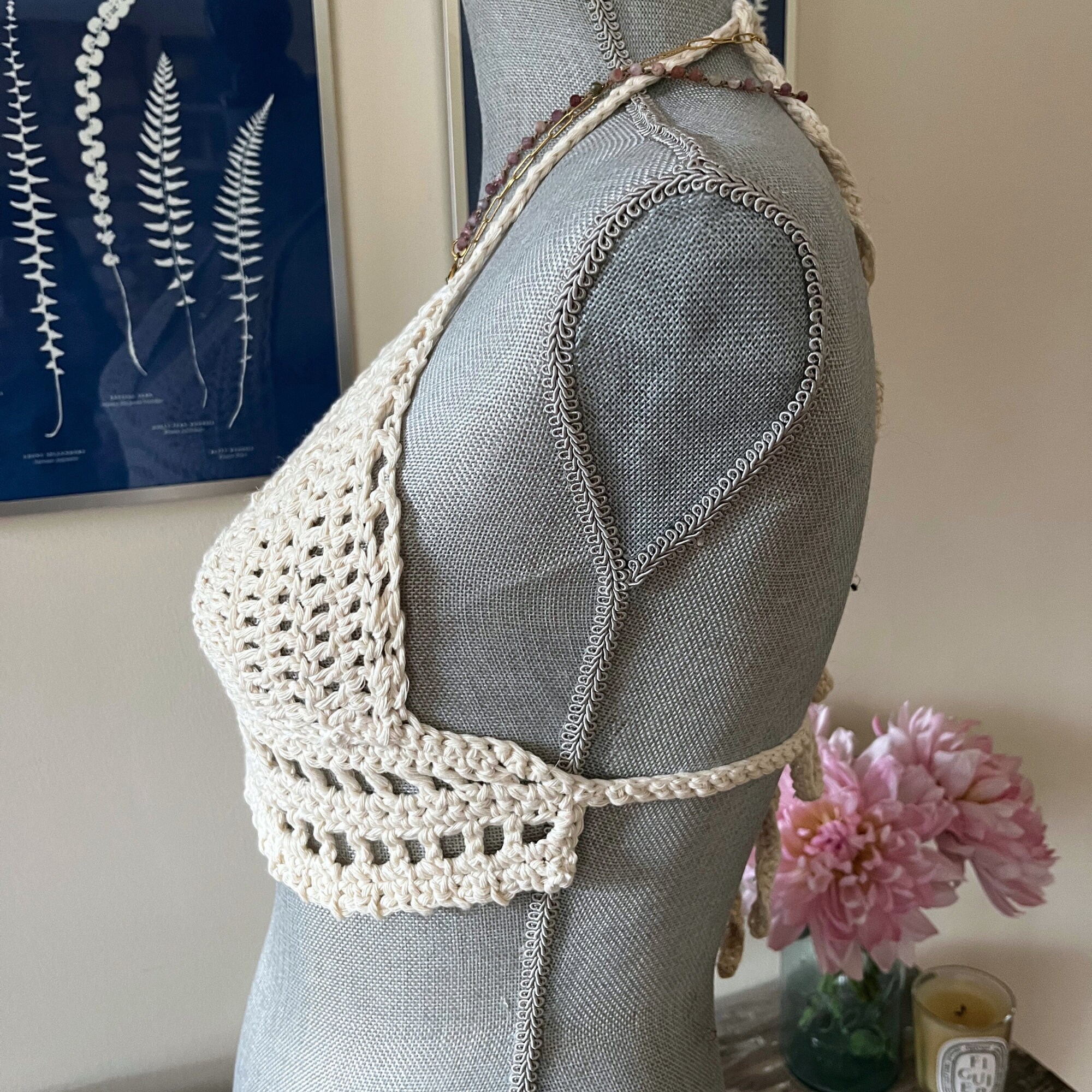 Boho Crochet Bralette Halter Top Recycled Yarn Adjustable Ties ...