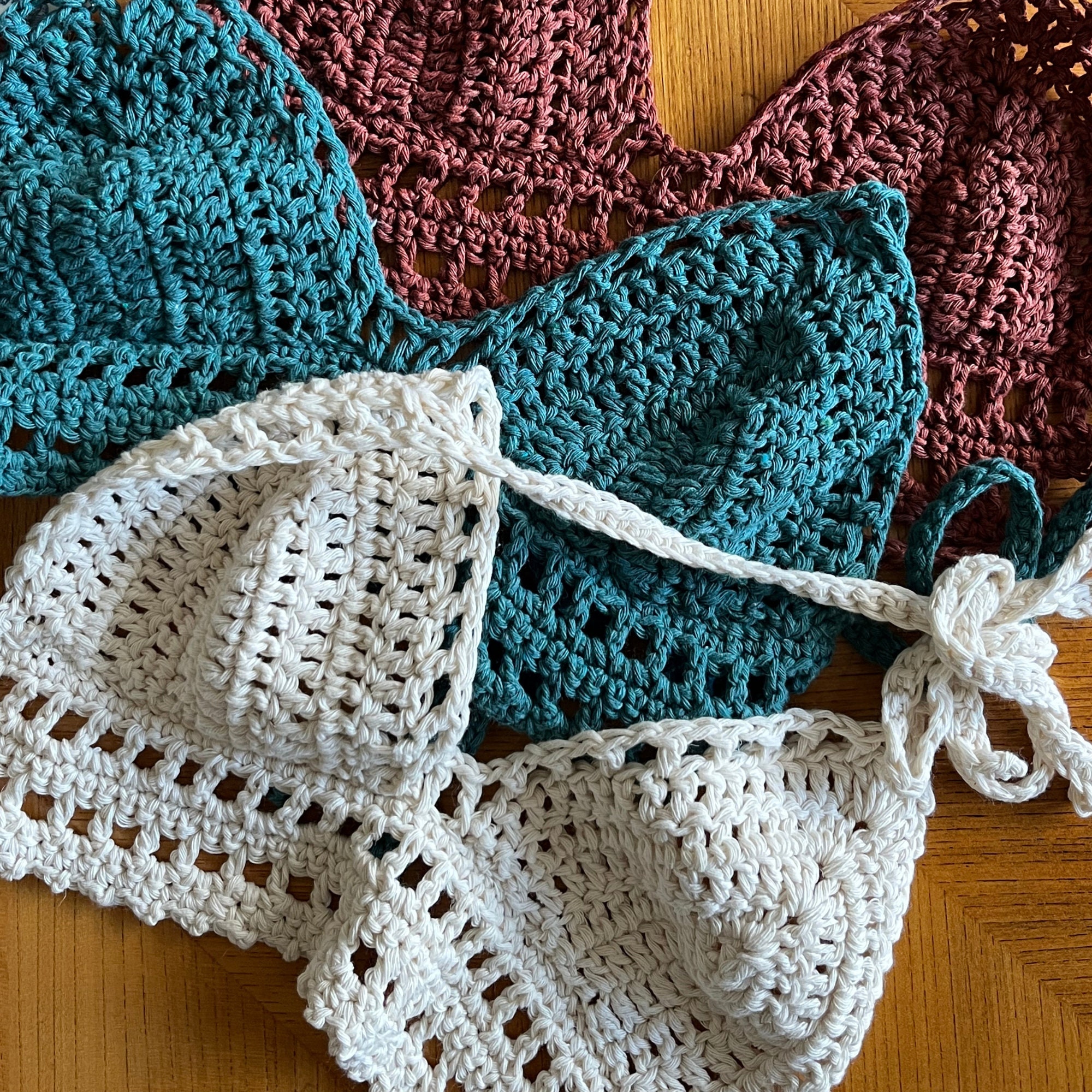 Boho Crochet Bralette Halter Top Recycled Yarn Adjustable Ties ...