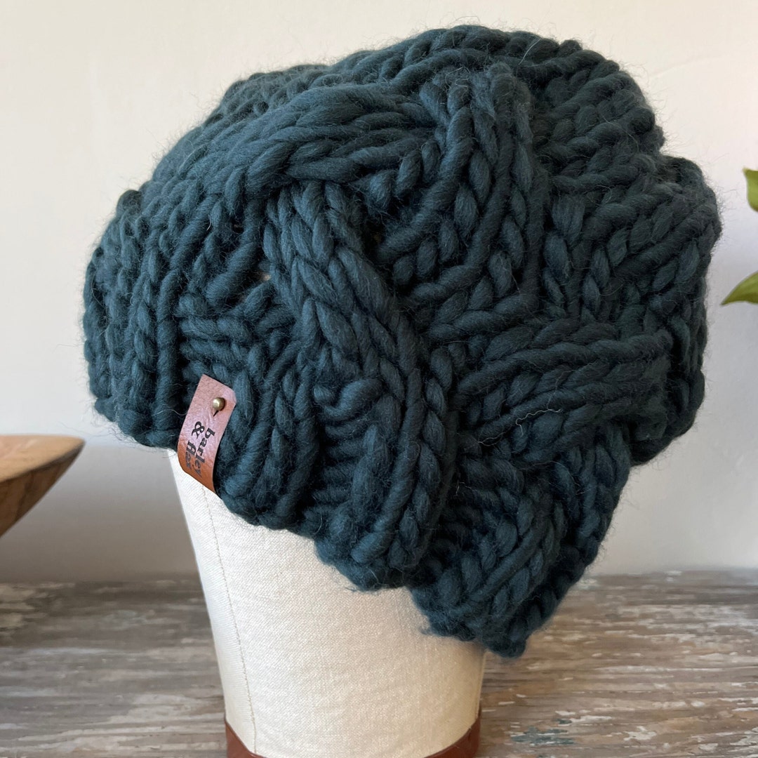 Knit Cable Hat Dark Forest Green 100% Chunky Peruvian Wool Bulky ...