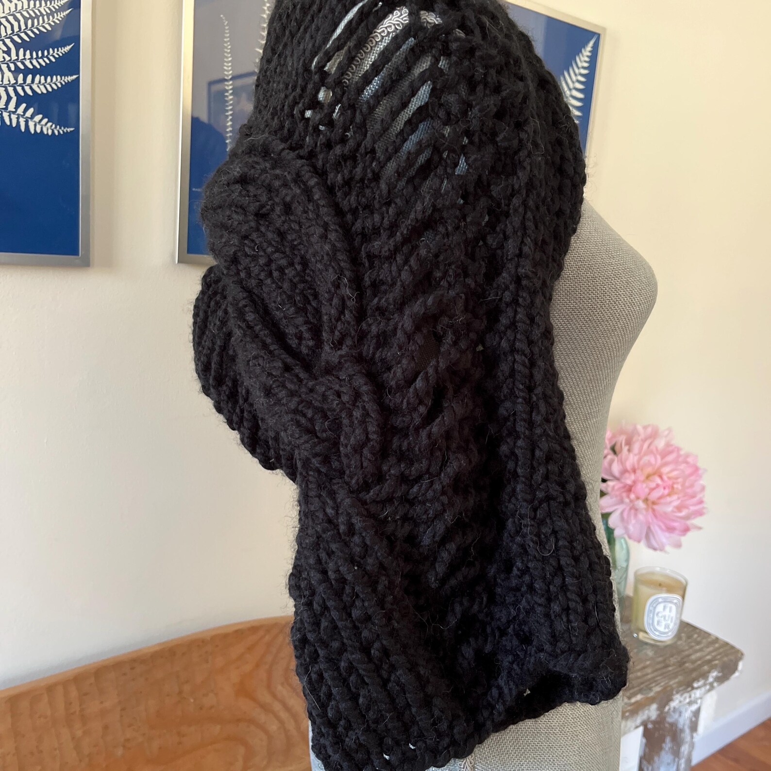 Black Hand Knit Cable Shrug Boho Chic Drop Stitch Oversized Chunky ...
