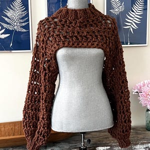 Rust Chunky Crochet Shrug Sleeves Thick Boho Oversized Cropped Pullover ...