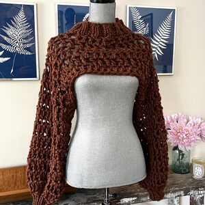 Rust Chunky Crochet Shrug Sleeves Thick Boho Oversized Cropped Pullover ...