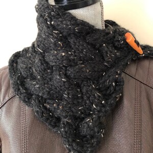 Black Tweed Knitted Chunky Cabled Cowl, Bulky Cable Neck Warmer With 3 ...