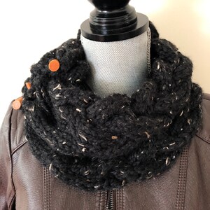 Black Tweed Knitted Chunky Cabled Cowl, Bulky Cable Neck Warmer With 3 ...