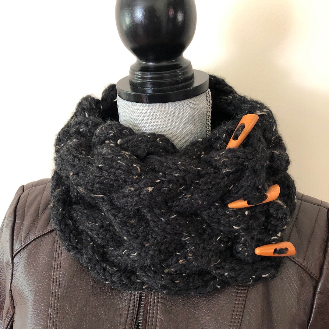 Black Tweed Knitted Chunky Cabled Cowl, Bulky Cable Neck Warmer With 3 ...