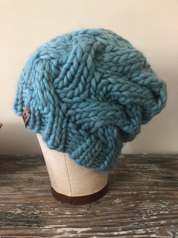Turquoise Wool Chunky Aran Cable Hand Knit Hat 100% Luxury - Etsy