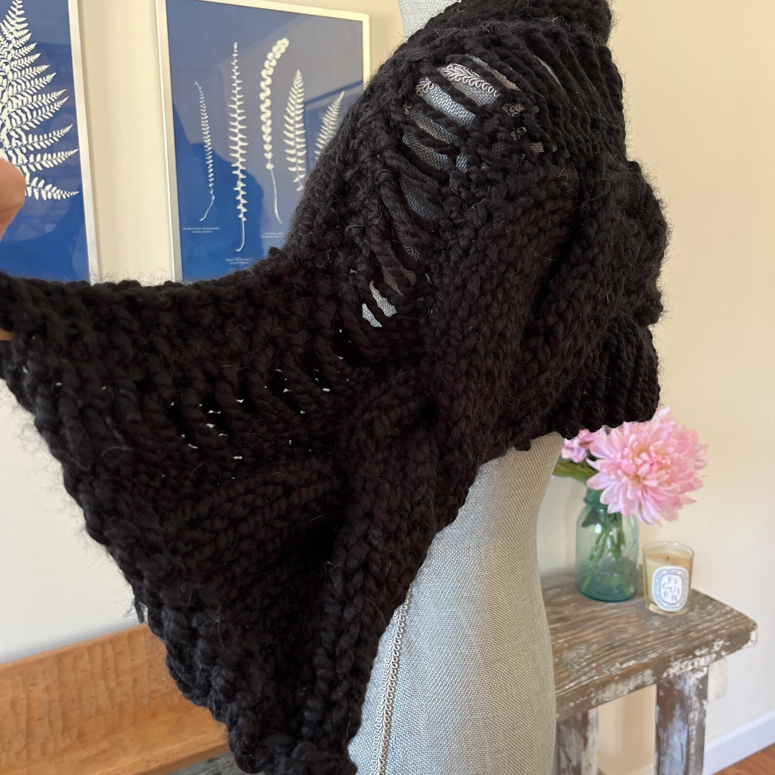 Black Hand Knit Cable Shrug Boho Chic Drop Stitch Oversized Chunky ...