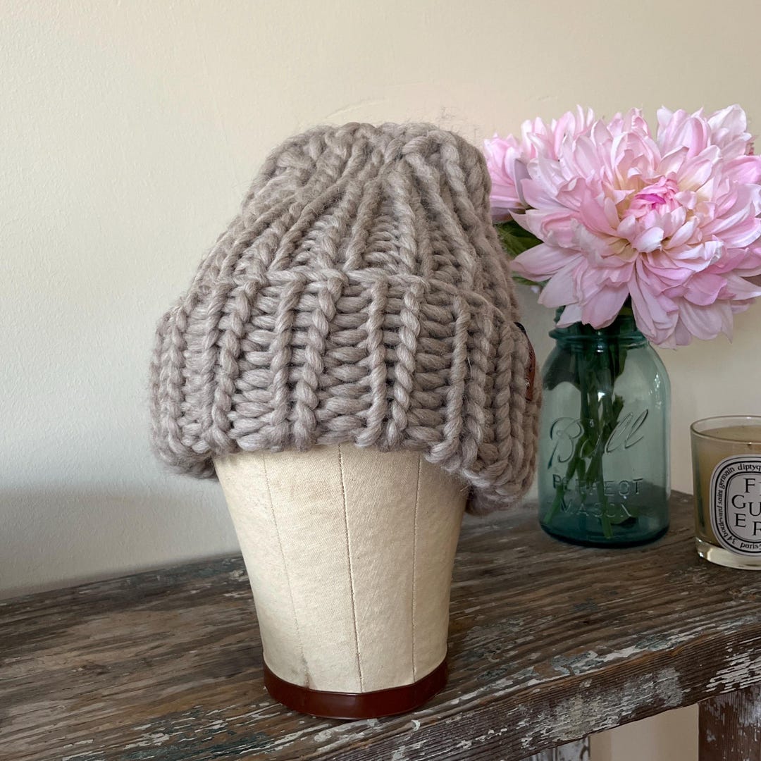 Latte Knit Hipster Hat 100% Chunky Beige Peruvian Wool Bulky Folded ...