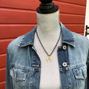 Gray Beaded Boho Crochet Necklace Antique Gold Bumpy Crescent Pendant ...