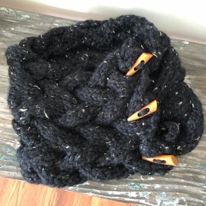 Black Tweed Knitted Chunky Cabled Cowl, Bulky Cable Neck Warmer With 3 ...