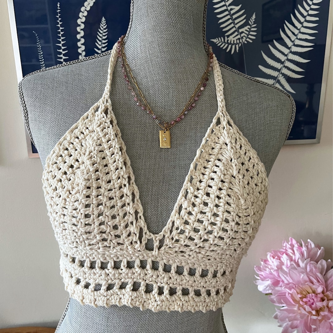 Boho Crochet Bralette Halter Top Recycled Yarn Adjustable Ties ...