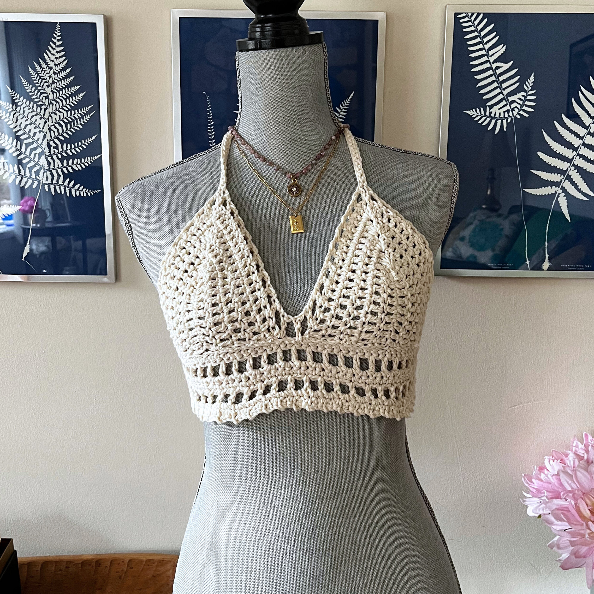 Boho Crochet Bralette Halter Top Recycled Yarn Adjustable Ties ...