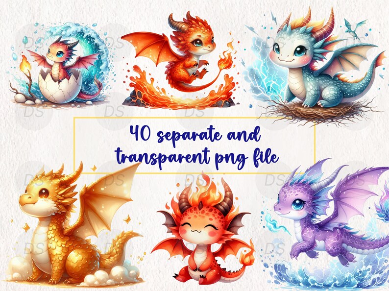 Watercolor Dragons Clipart – 40 PNG Set - Etsy