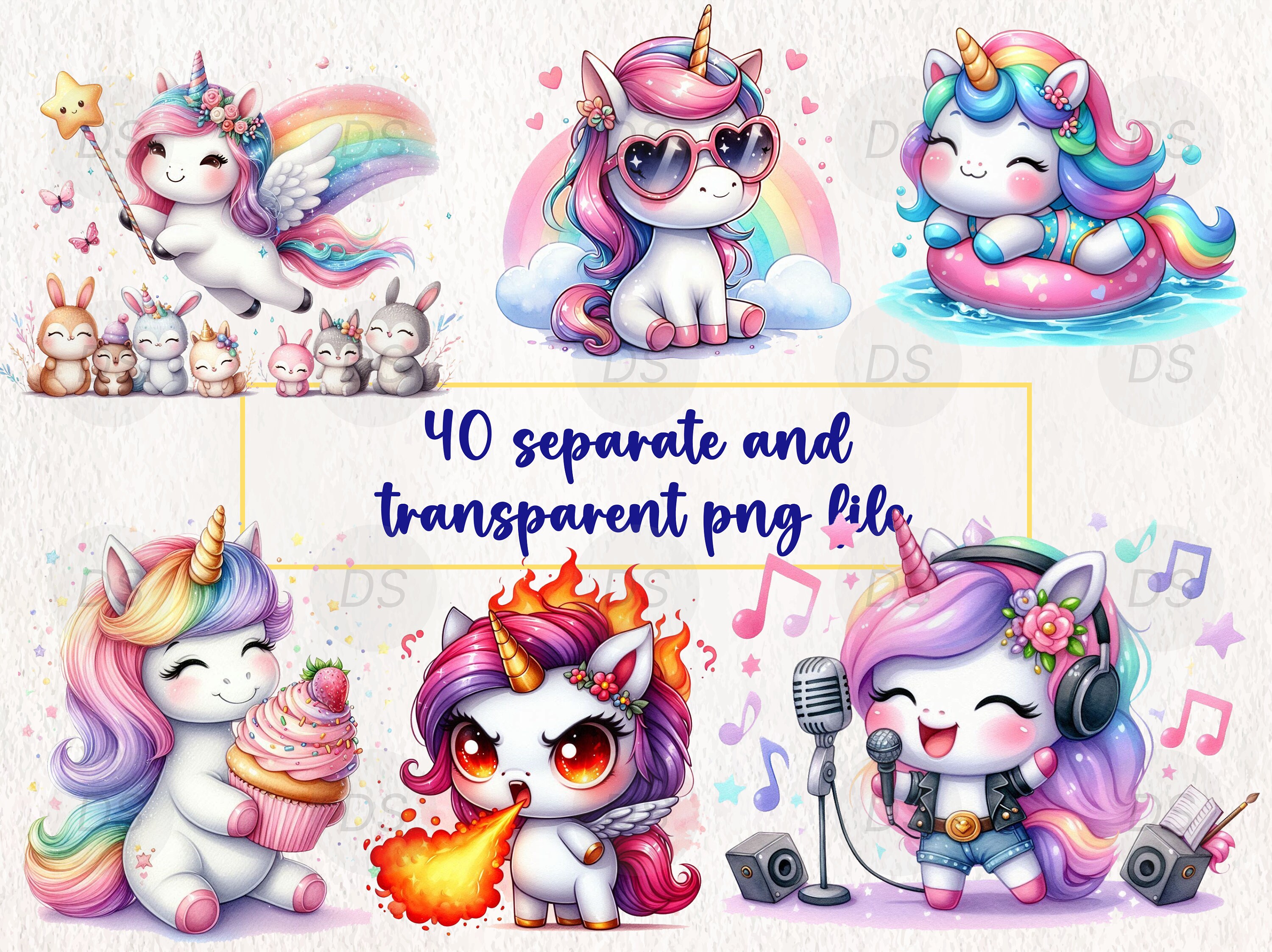 Watercolor Kawaii Unicorn Clipart | Cute Unicorn Digital Art | Pastel ...