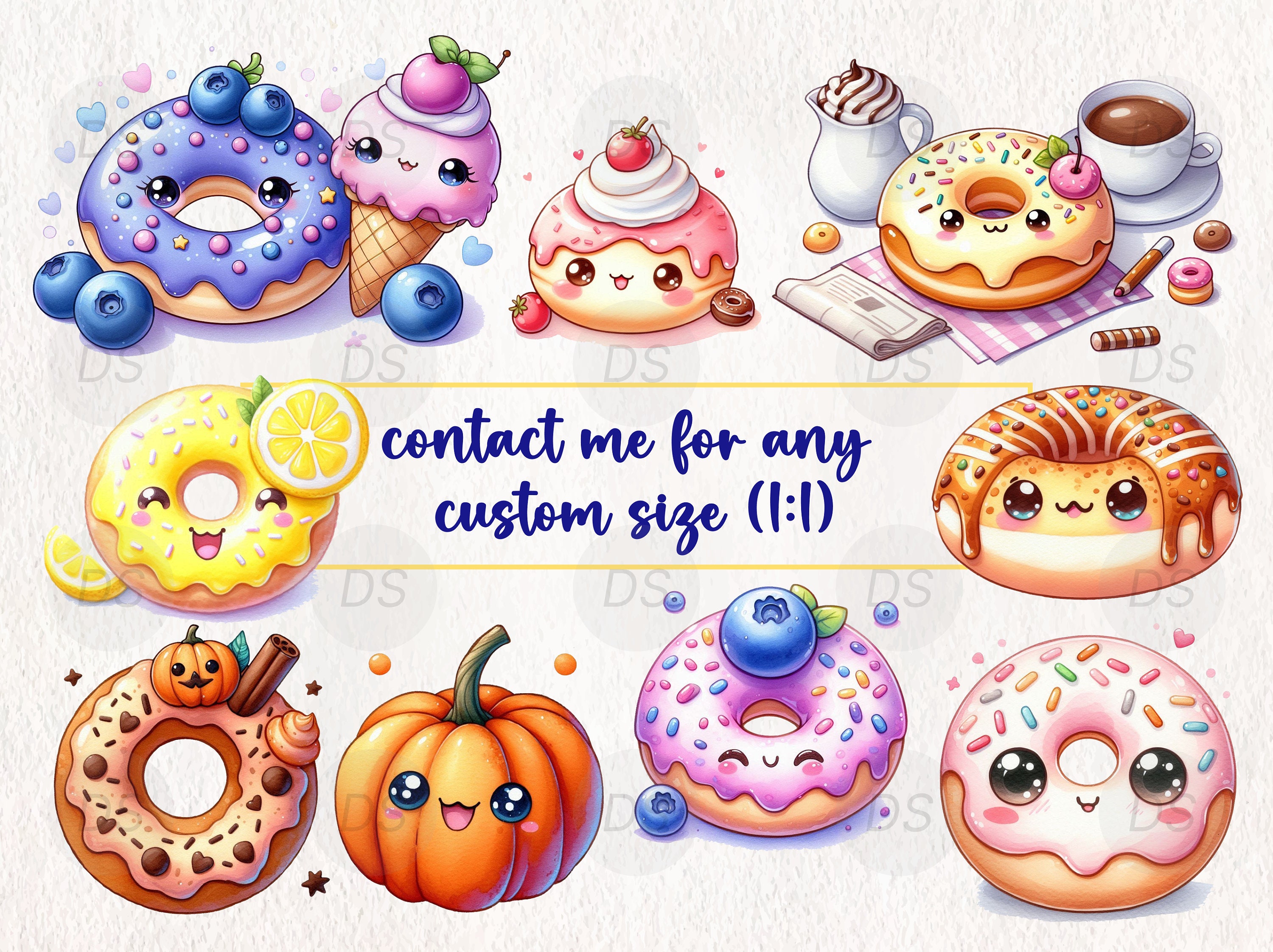 Watercolor Kawaii Donut Clipart | Cute Donut Digital Illustrations ...