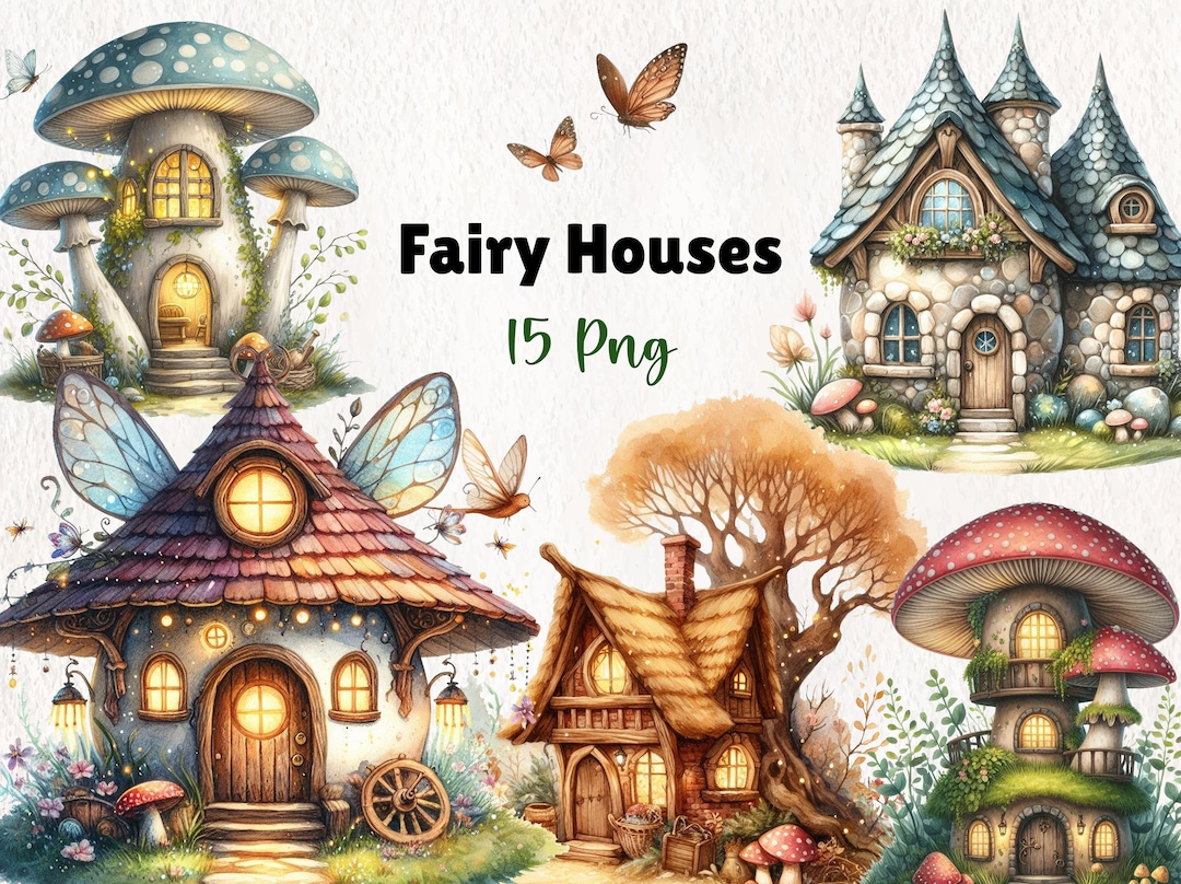 Watercolor Fairy Houses Clipart | Whimsical Cottage Digital Art for ...