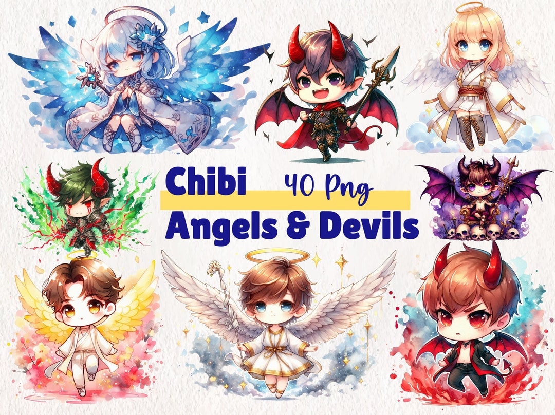 Watercolor Chibi Angels & Devils Clipart Cute Digital Art for Scrapbooking, Invitations ...