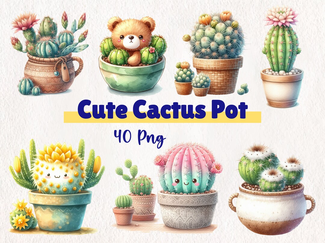 Watercolor Cute Cactus Pot Clipart | Commercial Use PNG Files | DIY ...