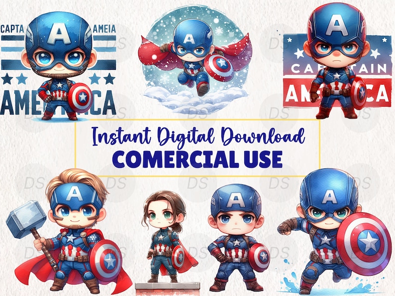 Watercolor Cute Captain America Clipart | Adorable Superhero Art for ...