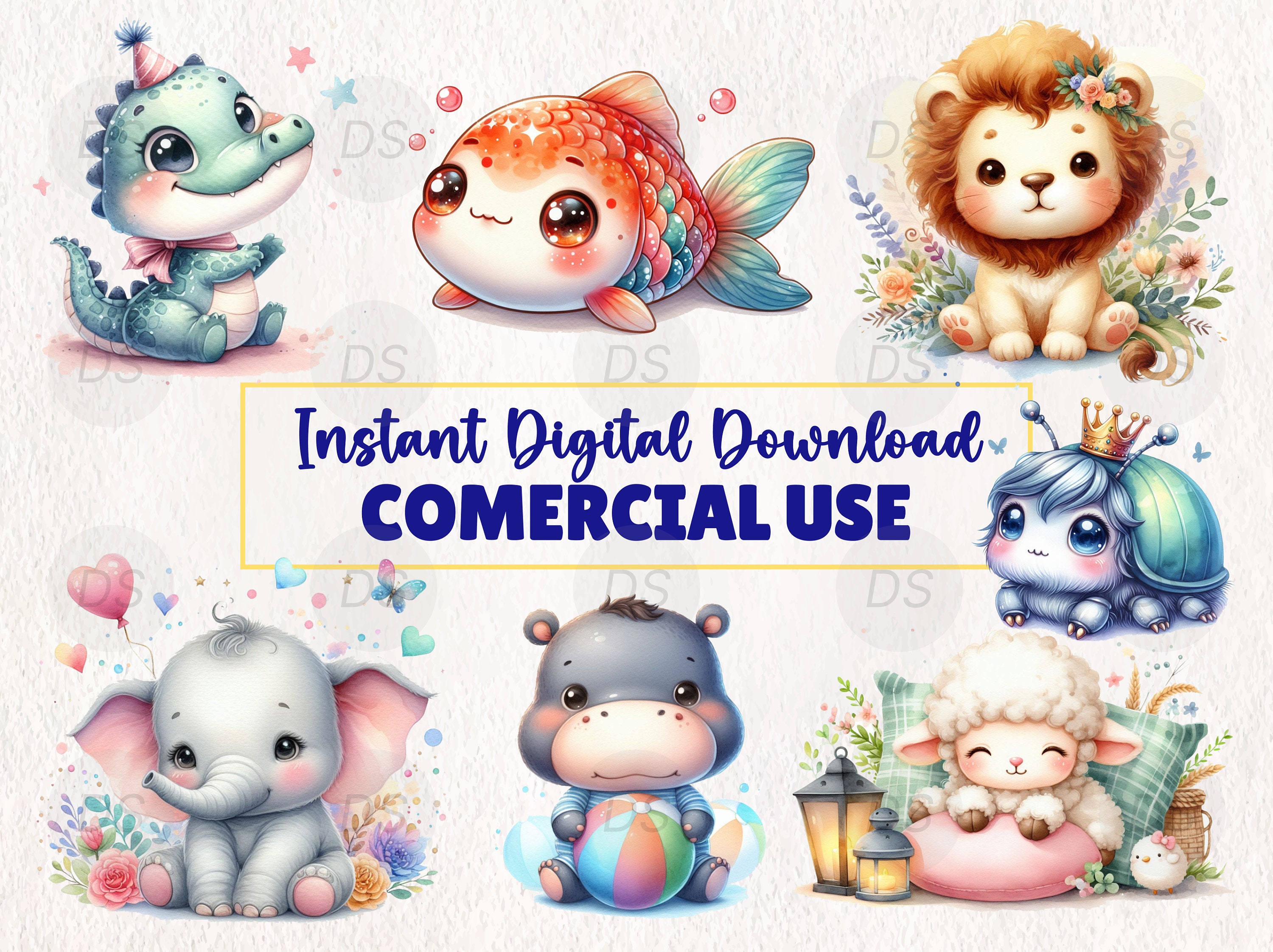 Watercolor Cute Baby Animals Clipart | Commercial Use PNG Files | 40 ...