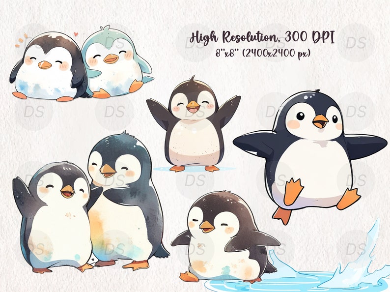 Watercolor Penguin Clipart | Adorable Hand-painted Digital ...