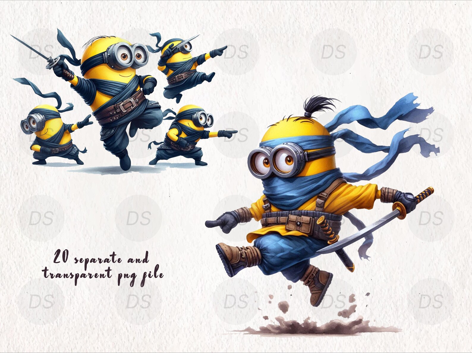 Watercolor Minion Ninja Clipart | Cute Ninja Characters, Digital Download, PNG Transparent ...