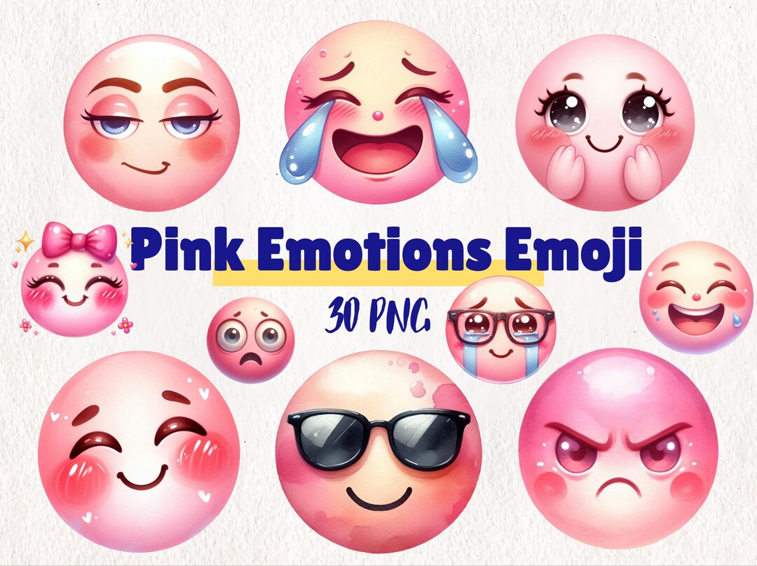 Pink Emotions Emoji Clipart | Cute Face Expressions | 30 PNG Instant ...