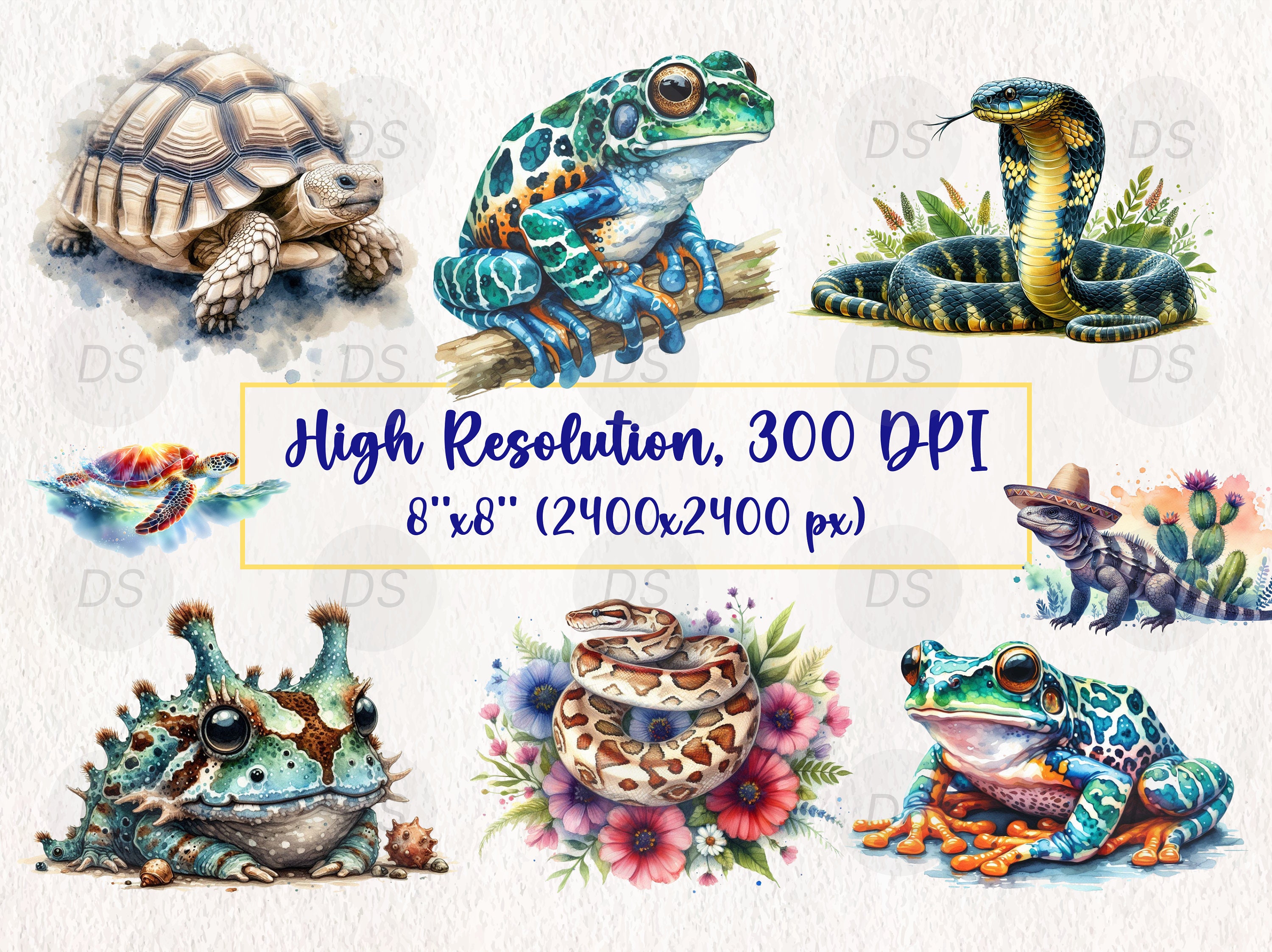 Watercolor Reptiles Clipart | Commercial Use PNG Files | 40 Png Instant ...
