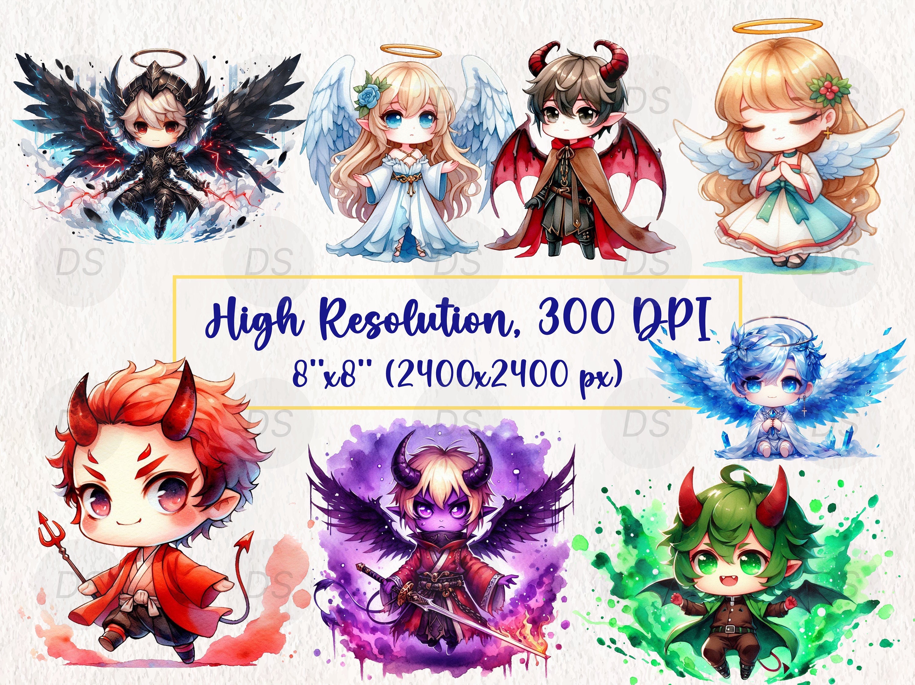 Watercolor Chibi Angels and Devils Clipart – 40 PNG Set - Etsy