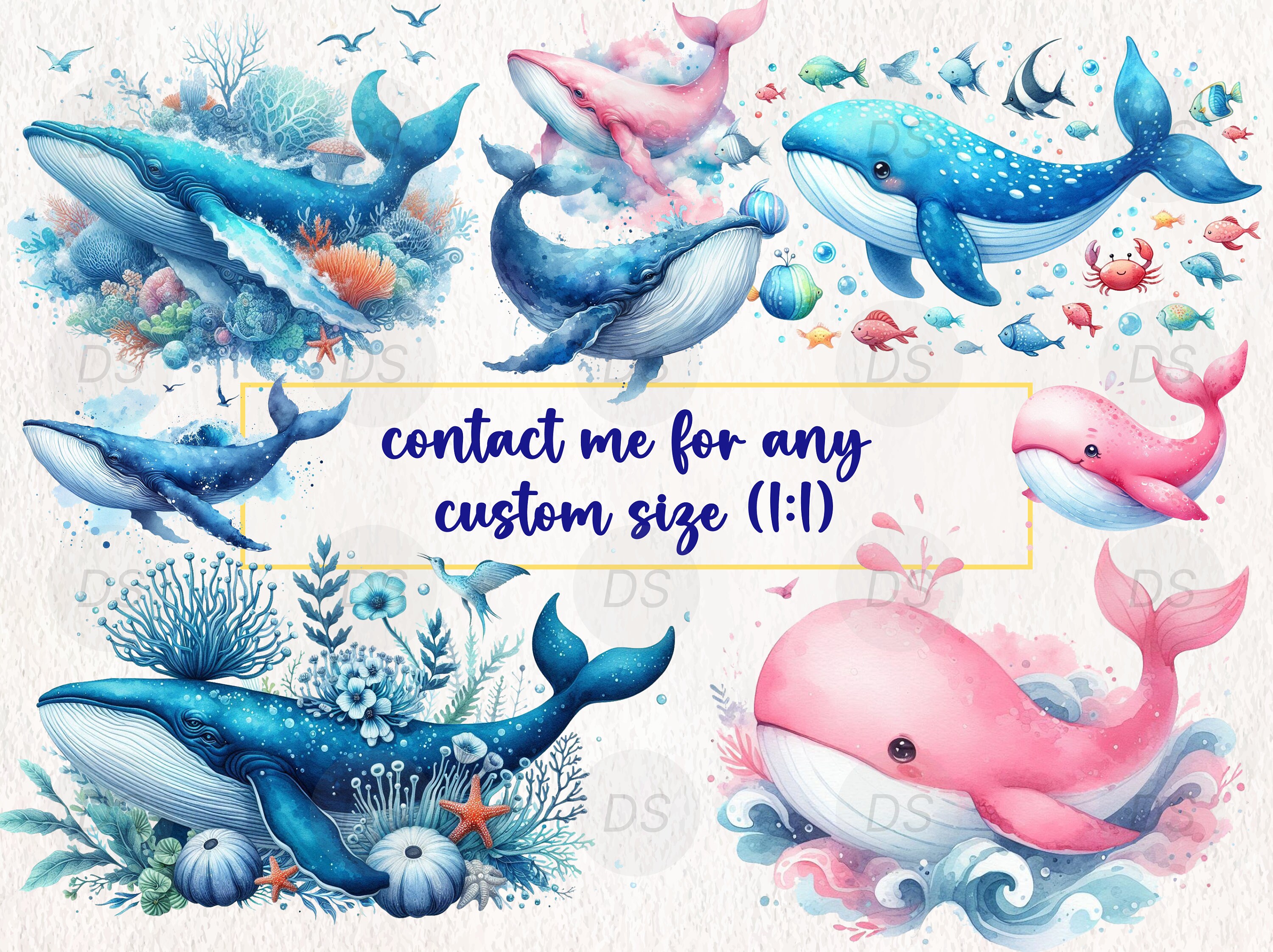 Watercolor Pink & Blue Whales Clipart | Hand-painted Ocean Animals | 40 ...