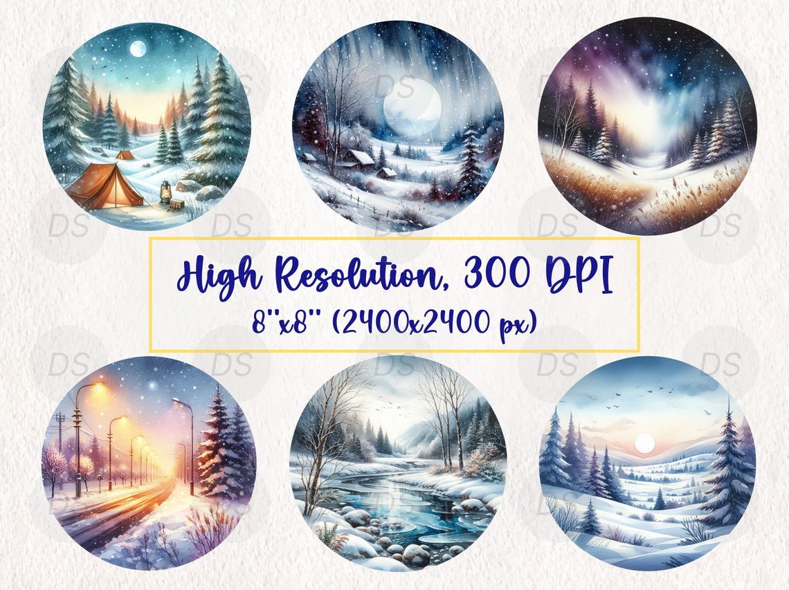 Watercolor Winter Landscapes Clipart, Hand-painted Snowy Scenes ...