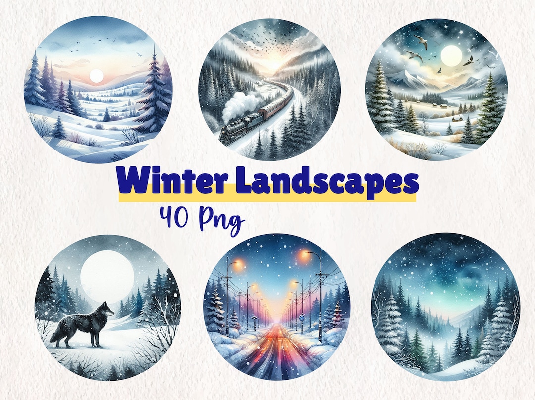 Watercolor Winter Landscapes Clipart, Hand-painted Snowy Scenes ...