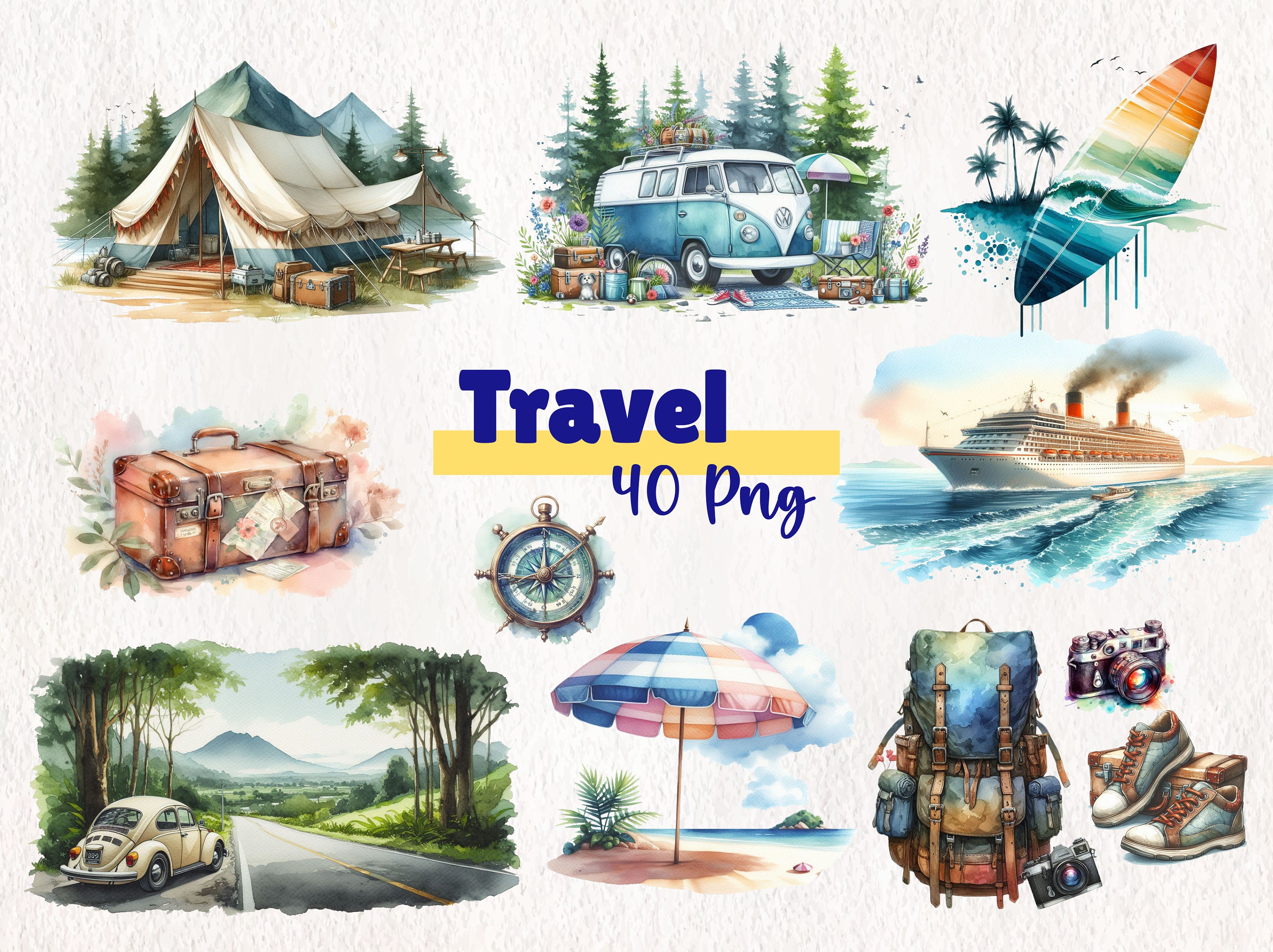 Watercolor Travel Clipart Commercial Use PNG Files Instant Download ...