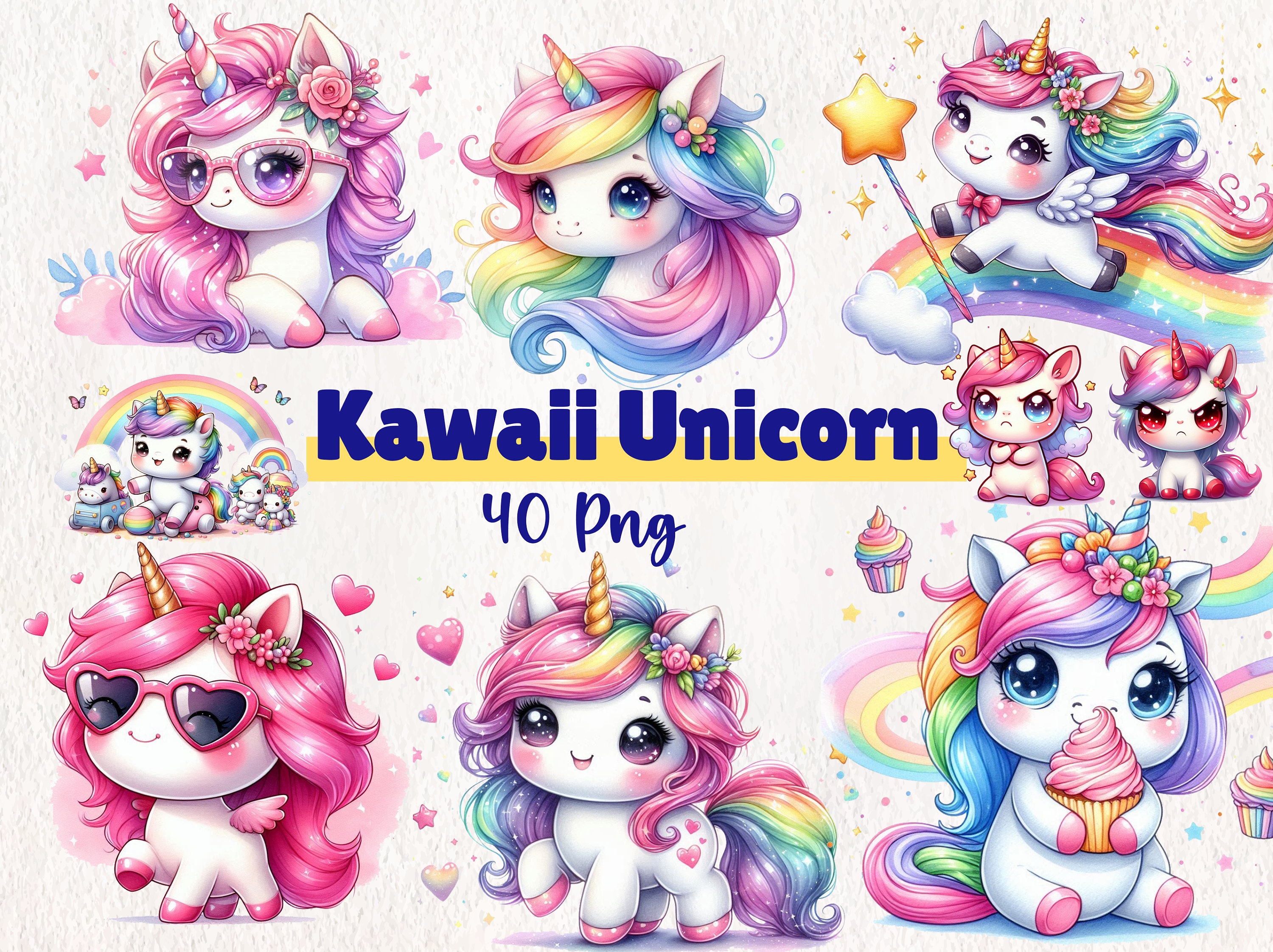 Watercolor Kawaii Unicorn Clipart | Cute Unicorn Digital Art | Pastel ...