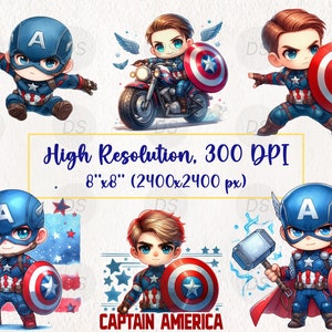 Watercolor Cute Captain America Clipart | Adorable Superhero Art for ...