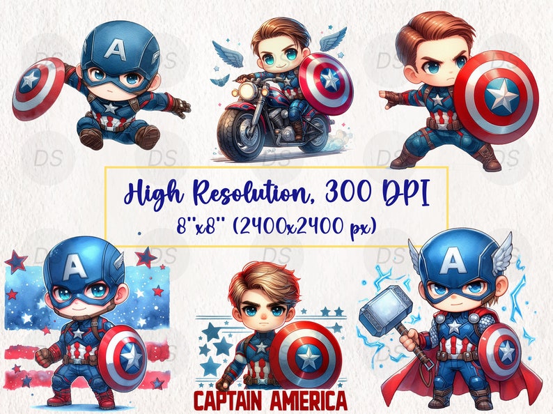 Watercolor Cute Captain America Clipart | Adorable Superhero Art for ...