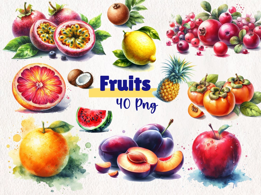 Watercolor Fruits Clipart | Commercial Use PNG Files | 40 Png Instant ...