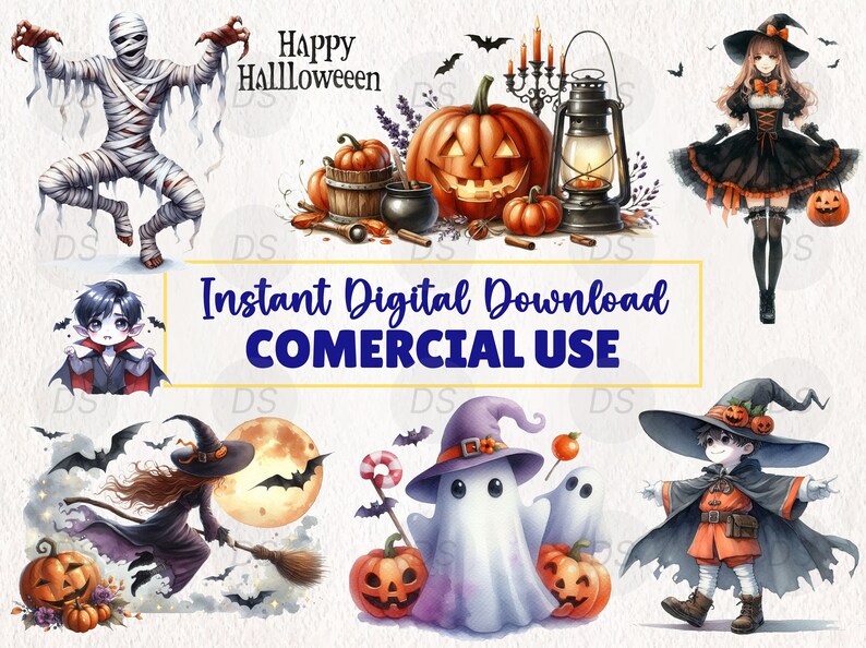 Watercolor Halloween Clipart | Spooky & Cute Digital Art for Crafts ...