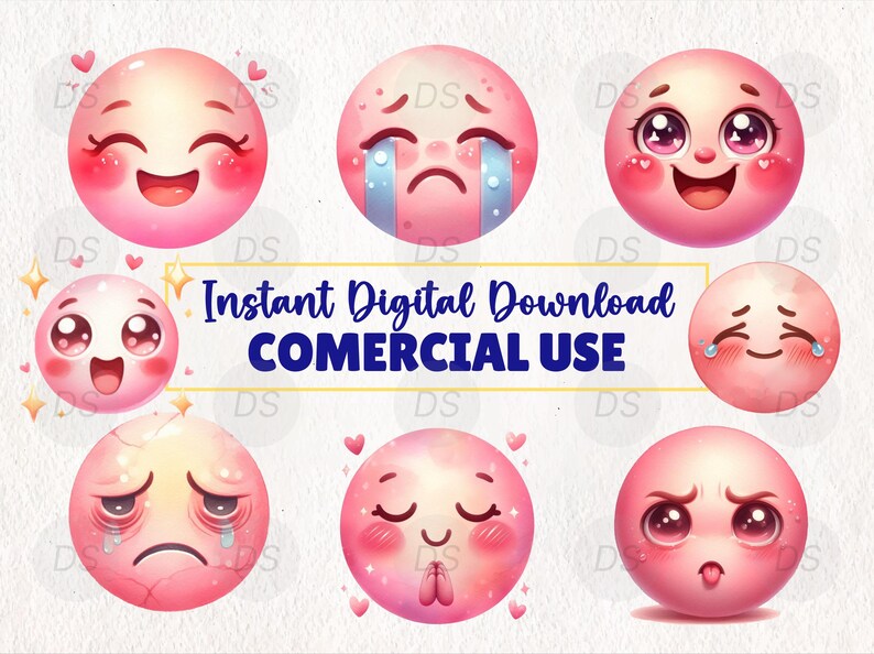 Pink Emotions Emoji Clipart | Cute Face Expressions | 30 PNG Instant ...