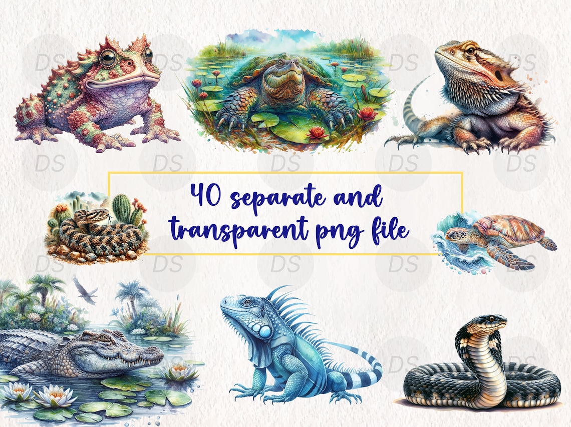 Watercolor Reptiles Clipart | Commercial Use PNG Files | 40 Png Instant ...
