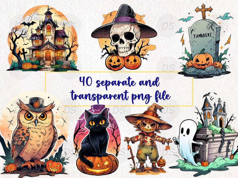 Watercolor Cute Mysterious Halloween Clipart | Adorable Spooky Elements ...
