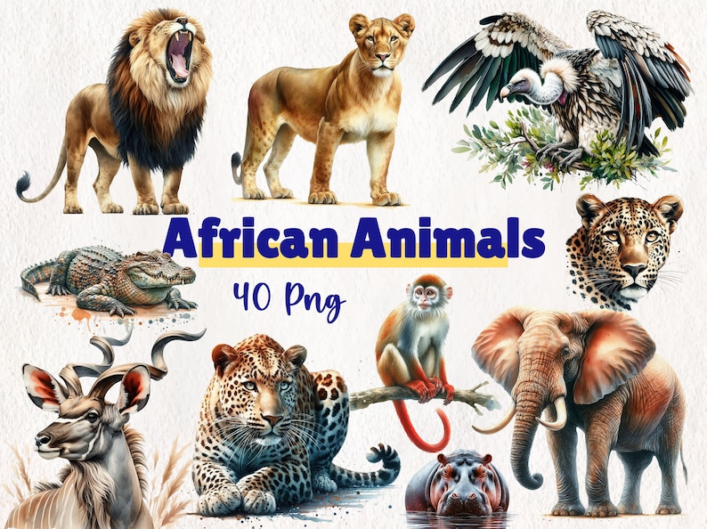 Watercolor African Animals Clipart | 40 PNG Instant Download| Perfect ...