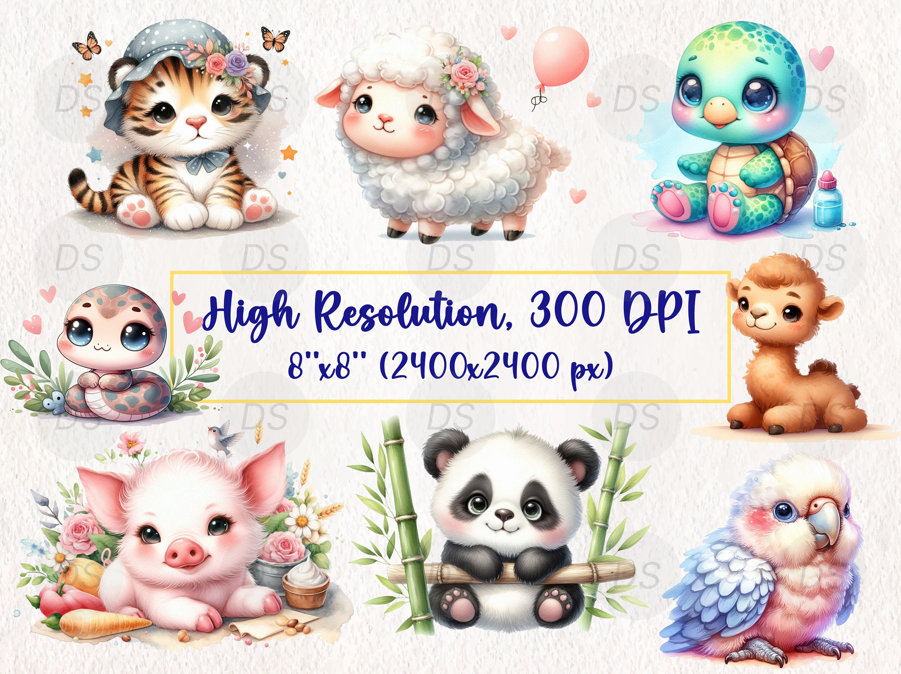 Watercolor Cute Baby Animals Clipart | Commercial Use PNG Files | 40 ...