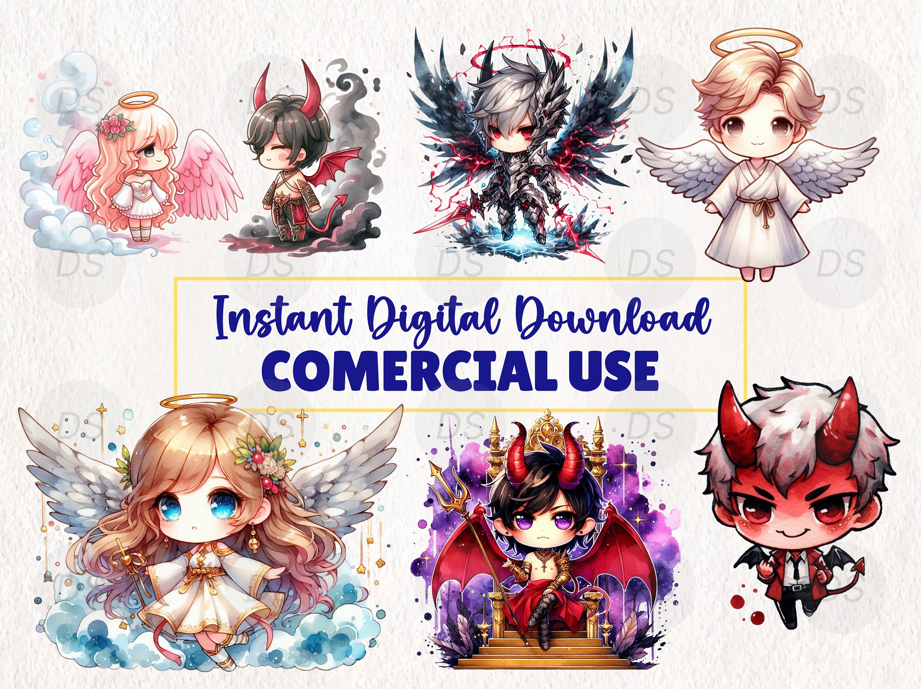 Watercolor Chibi Angels & Devils Clipart Cute Digital Art for ...