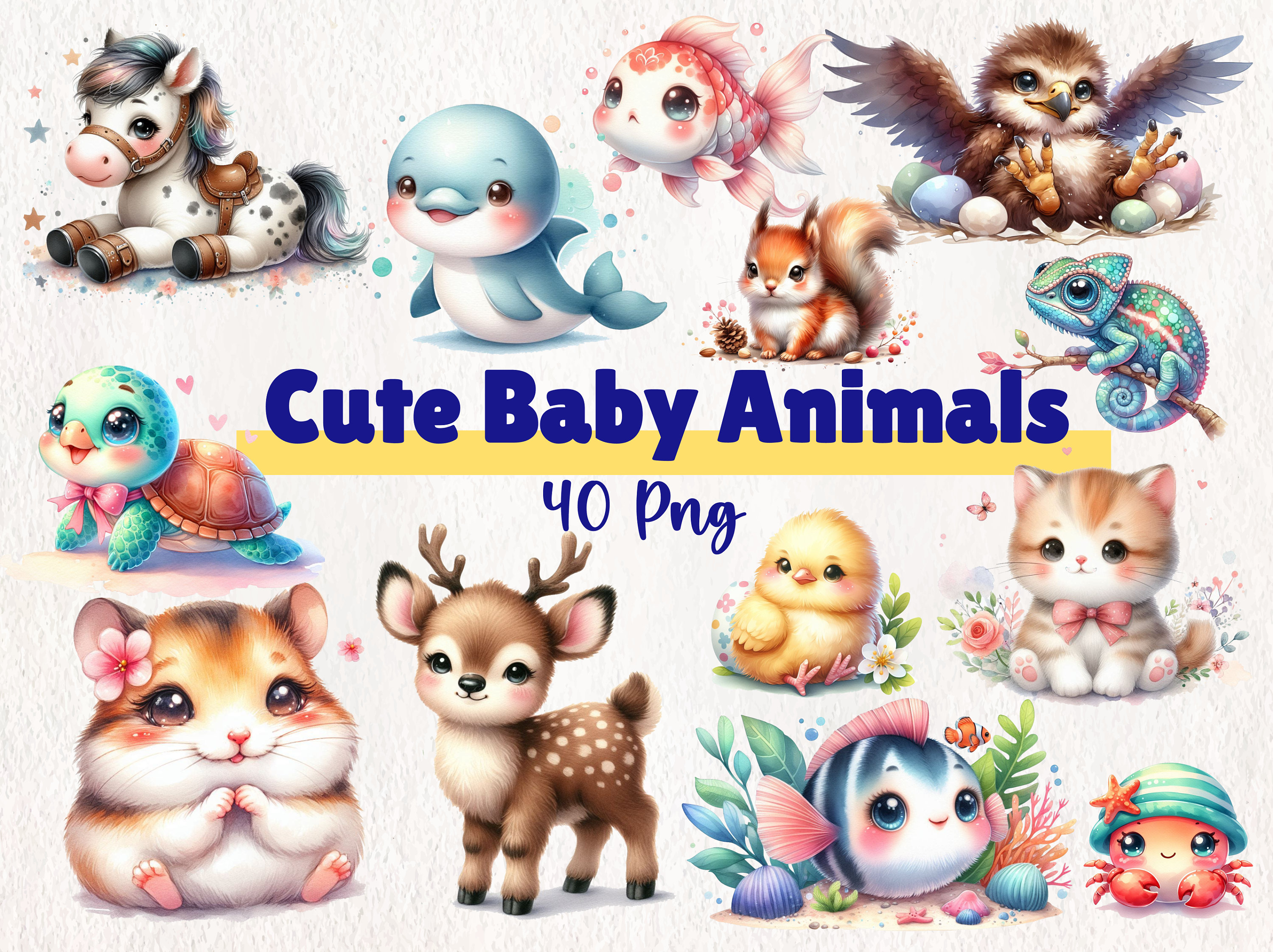 Watercolor Cute Baby Animals Clipart | Commercial Use PNG Files | 40 ...
